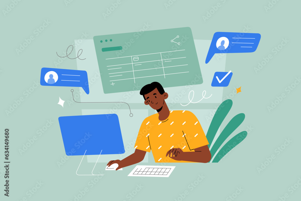 project manager, using desktop, working on project in cloud, managing ...