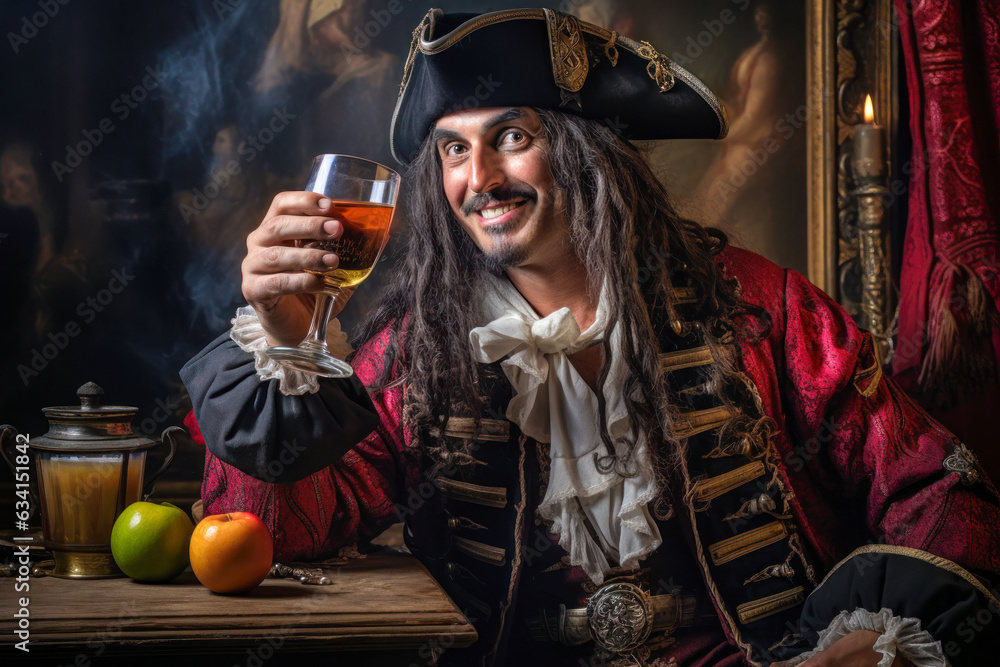 Pirate captain smiling and holding a glass, drinking Stock Photo ...