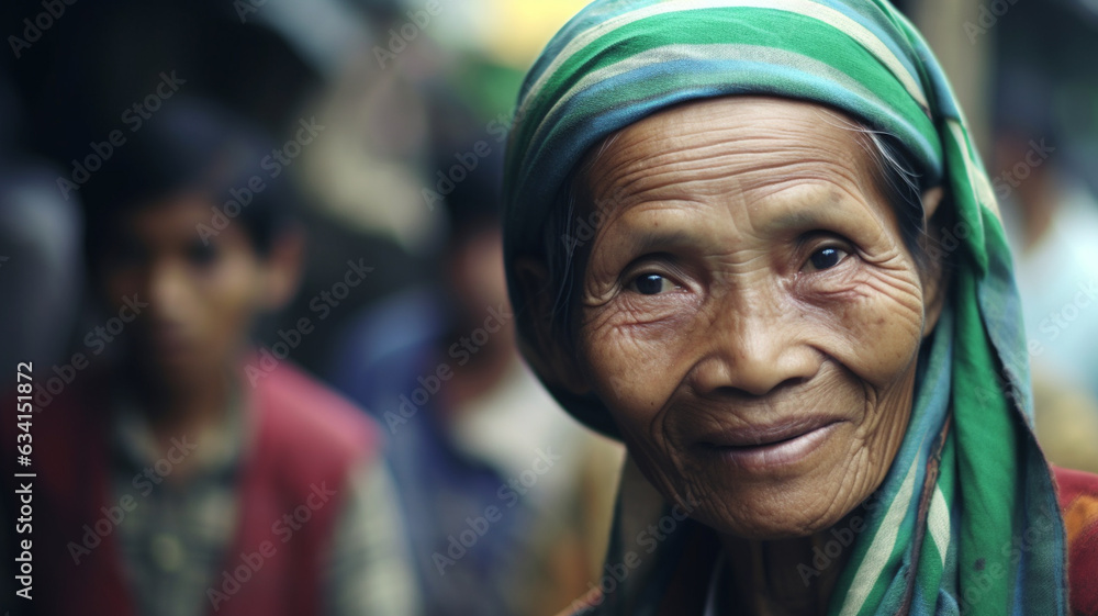 old woman with wrinkles on her face, wearing a headscarf, dirty dirty ...