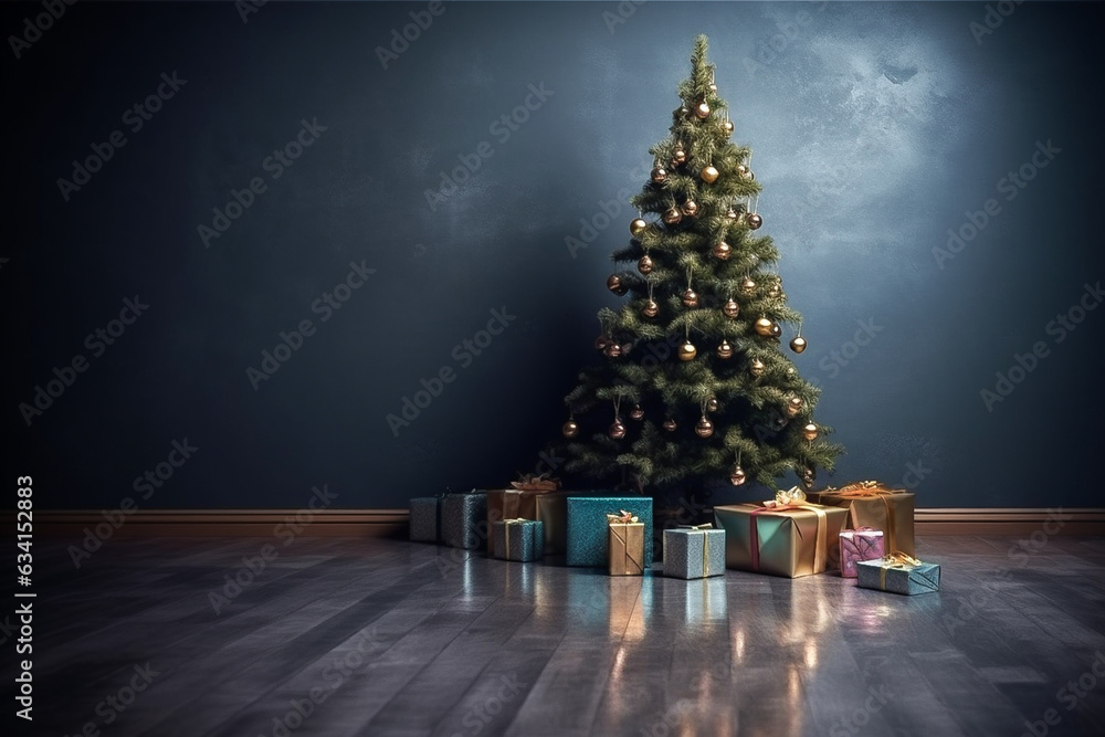 Christmas tree with gifts in a beautiful interior in dark colors, lots ...