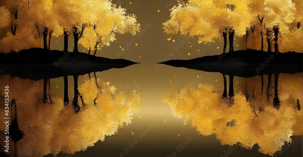 Golden trees reflected in lake on black sky background. Modern canvas ...