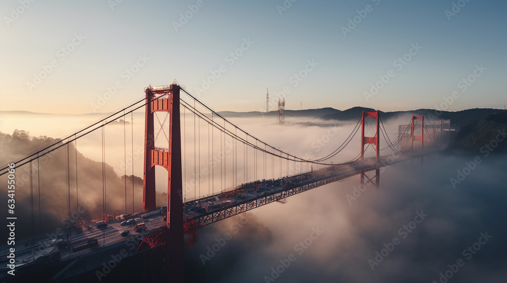 Dramatic, highly detailed aerial view of a suspension bridge under ...