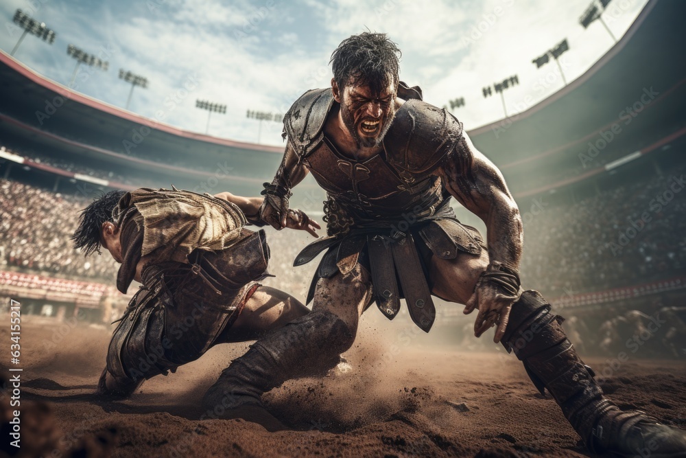 A ferocious gladiator wearing armored Roman gladiator at the Ancient Rome gladiatorial games in ...