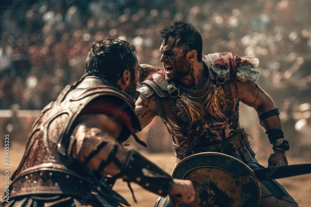 A ferocious gladiator wearing armored Roman gladiator at the Ancient ...