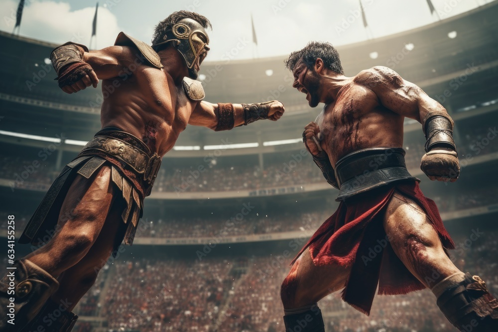 A ferocious gladiator wearing armored Roman gladiator at the Ancient ...