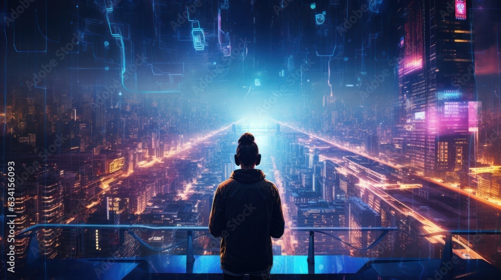 Visualize a skilled cyberpunk hacker operating within a futuristic ...