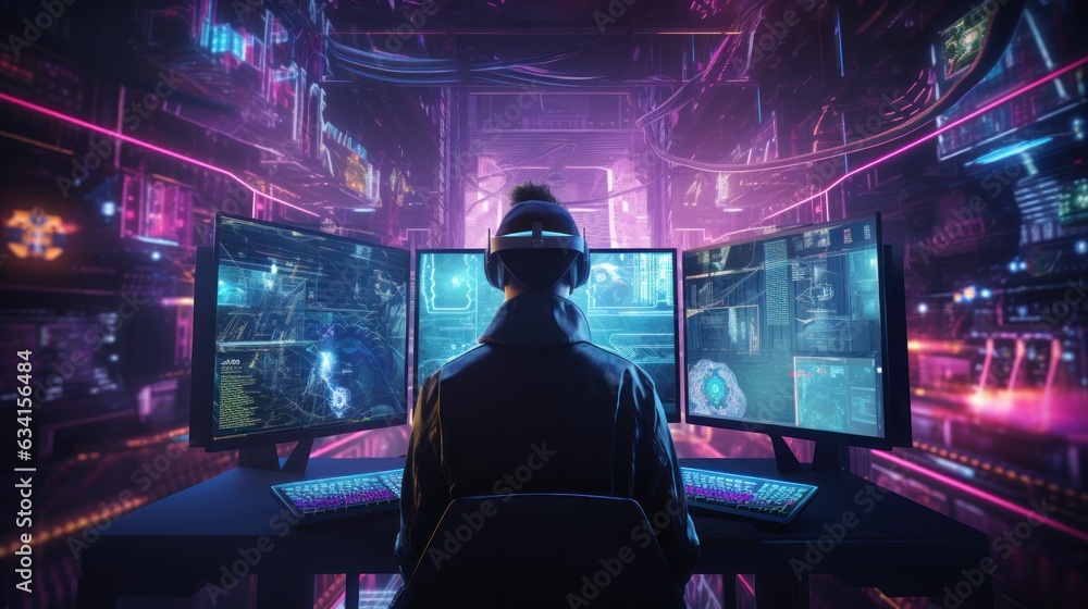 Visualize a skilled cyberpunk hacker operating within a futuristic ...
