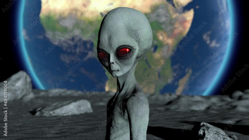 Scary gray alien stands on the moon and looks blinking. Planet Earth Is ...