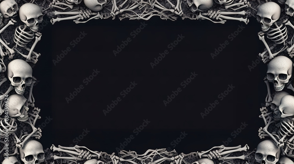 Halloween Spooky Bones Skull Border Frame Black Background Illustration ...