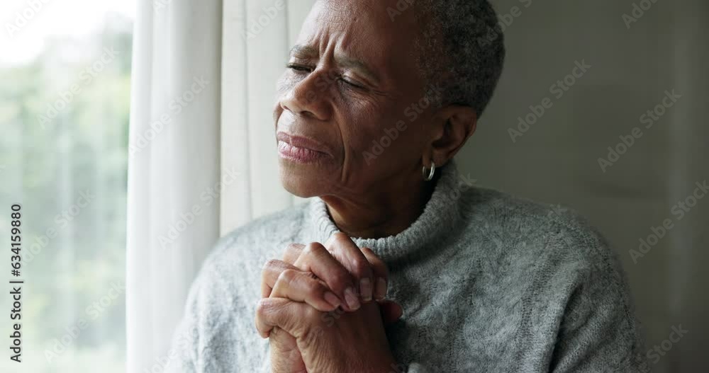 Home, thinking and old woman with retirement, window and sad with ...