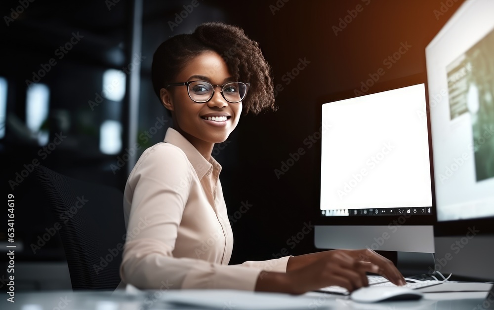 Black woman in business, smile in portrait and computer screen with ...
