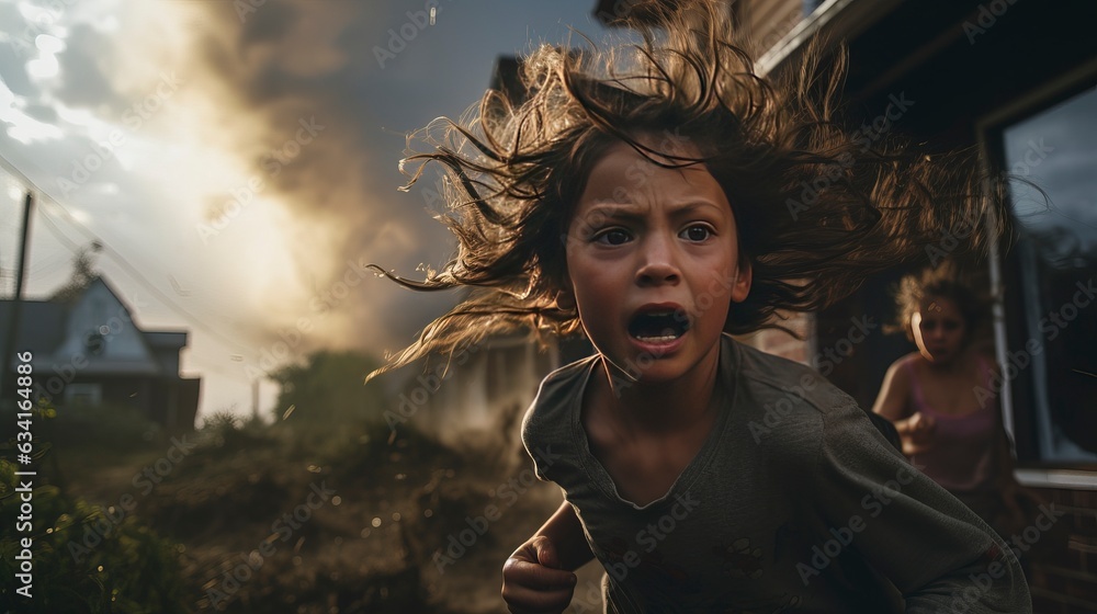 People fleeing from the oncoming tornado, capturing the tense scene of ...