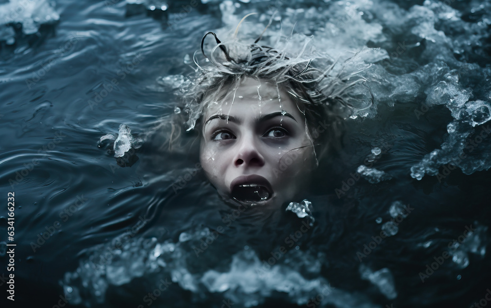 Drowning girl, head sinking below the surface of murky cold water ...