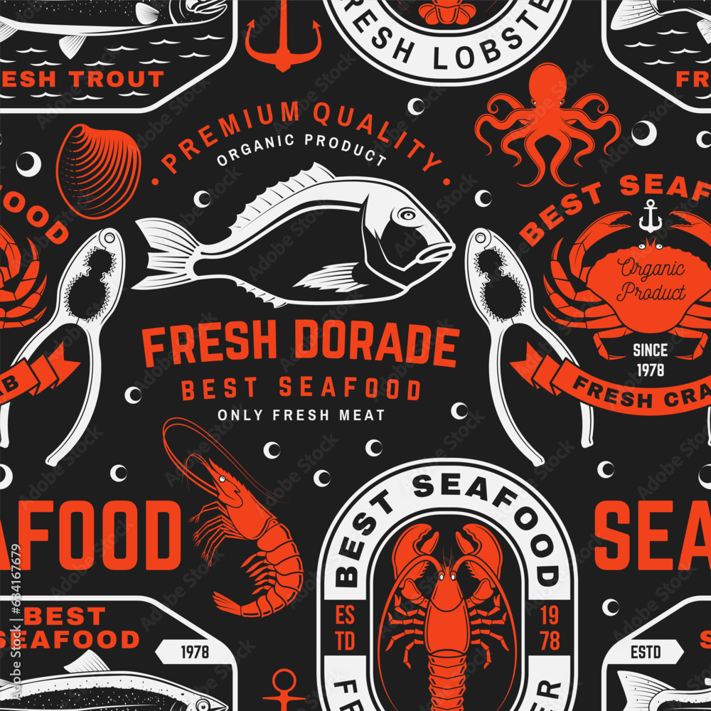 Set of seafood seamless pattern. Fresh tuna, octopus, trout, shrimp ...