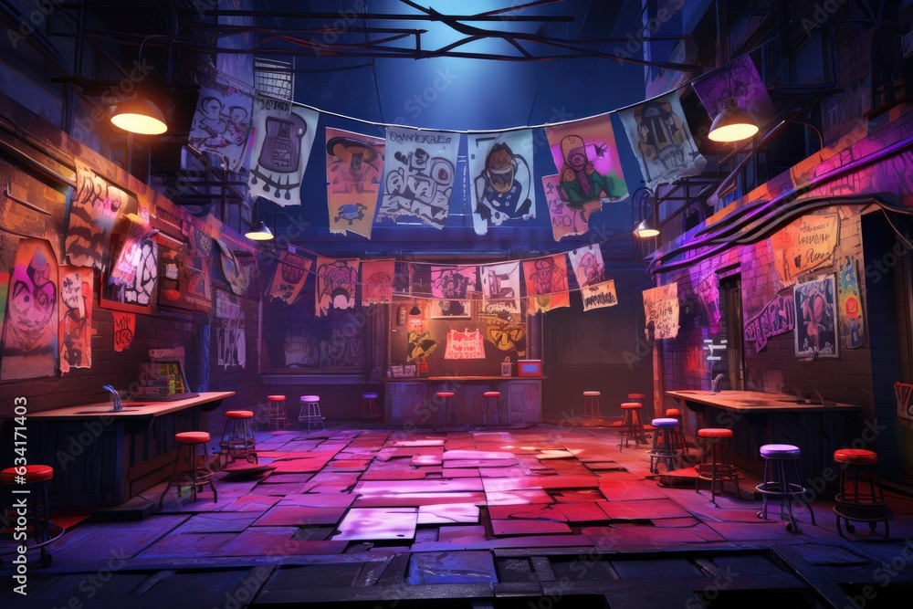 Futuristic night club with neon lights and graffiti on the walls, A ...