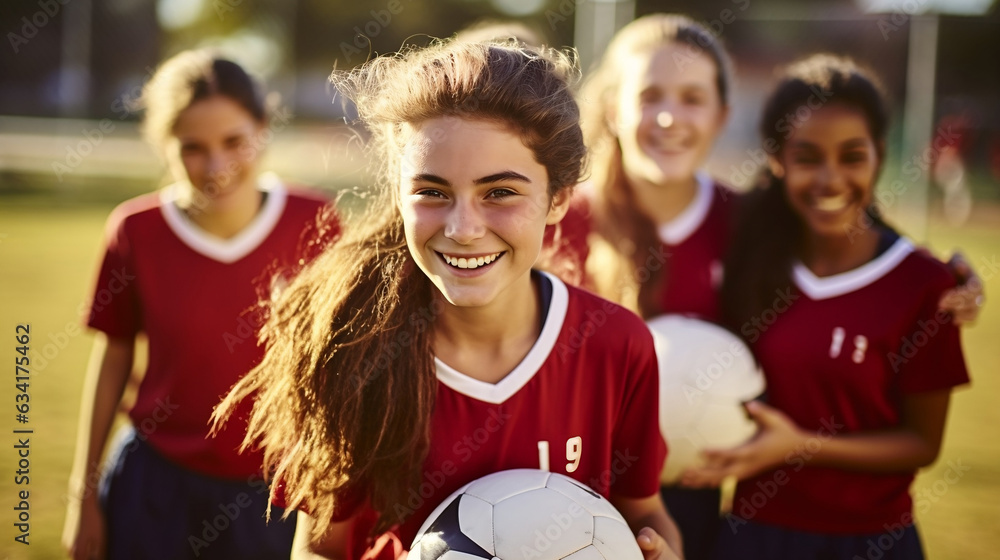 Teenager girls soccer team smiling wearing red kit and holding a ball ...