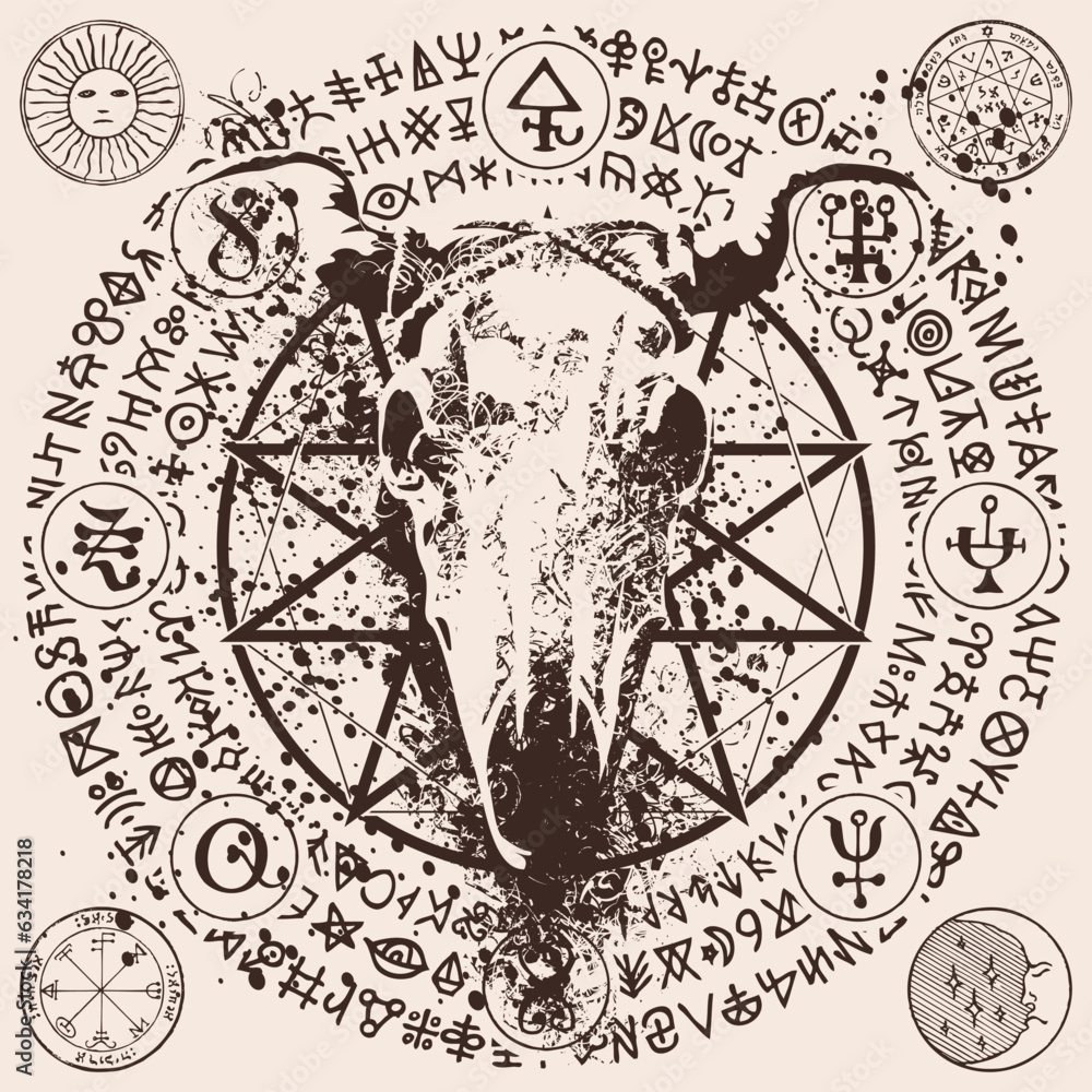 Vector illustration with a horned cow or bull skull, pentagram, occult ...