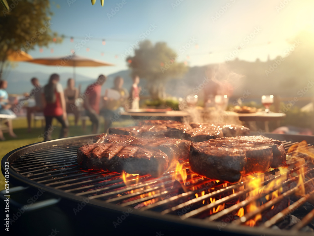 Barbecue party with people in the background, grilled steak, grilled ...