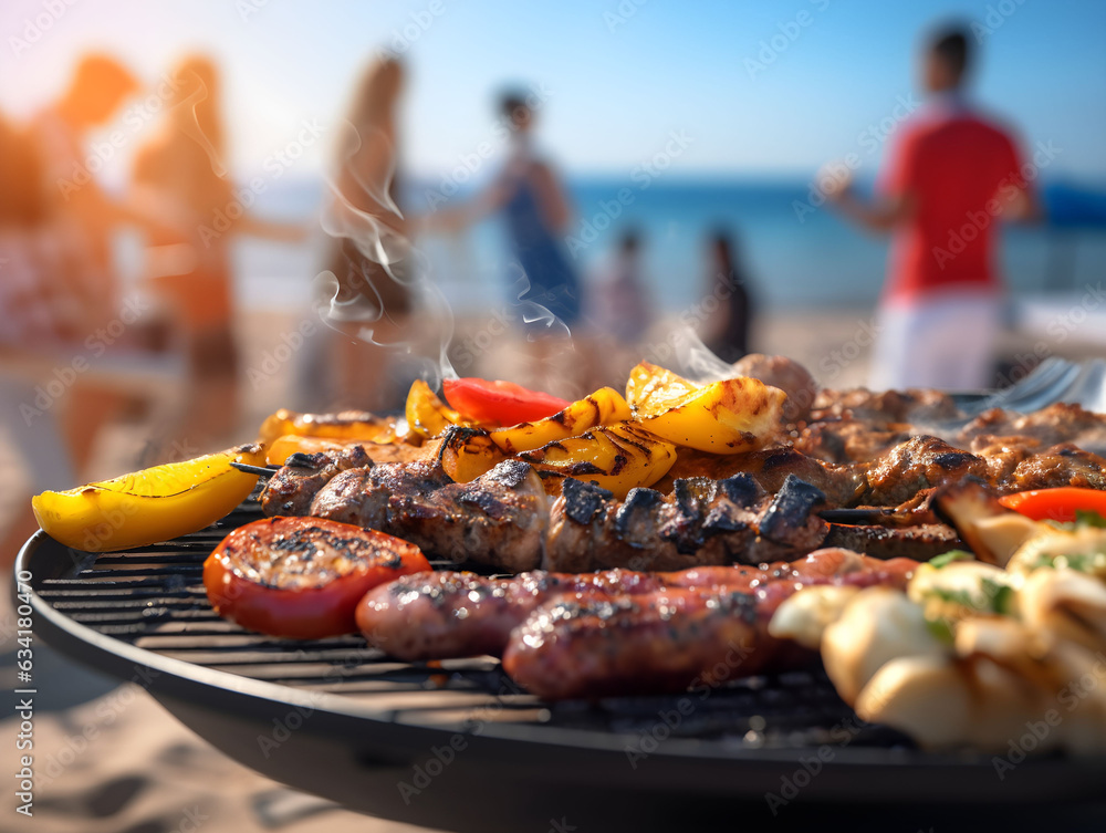 Barbecue party with people in the background, beach party, sand, sea ...