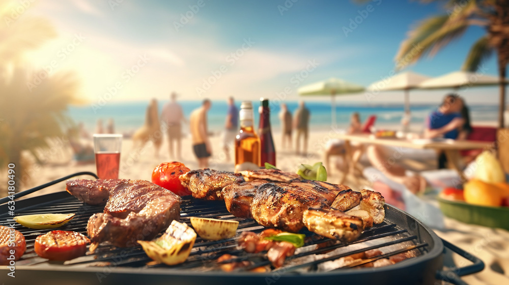 Barbecue party with people in the background, beach party, sea, grilled steak, grilled meat and ...