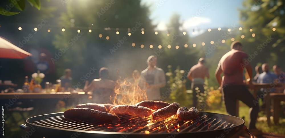 Barbecue party with people in the background, grilled steak, grilled ...