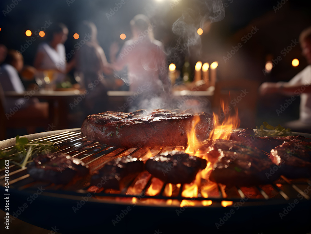 Barbecue party with people in the background, grilled steak, grilled ...