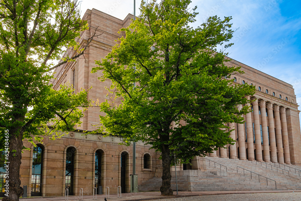 Parliament house of Finland in Helsinki. View from left behind the ...