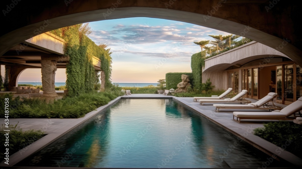 The swimming pool of the luxury mansion in garden with sky and ocean ...