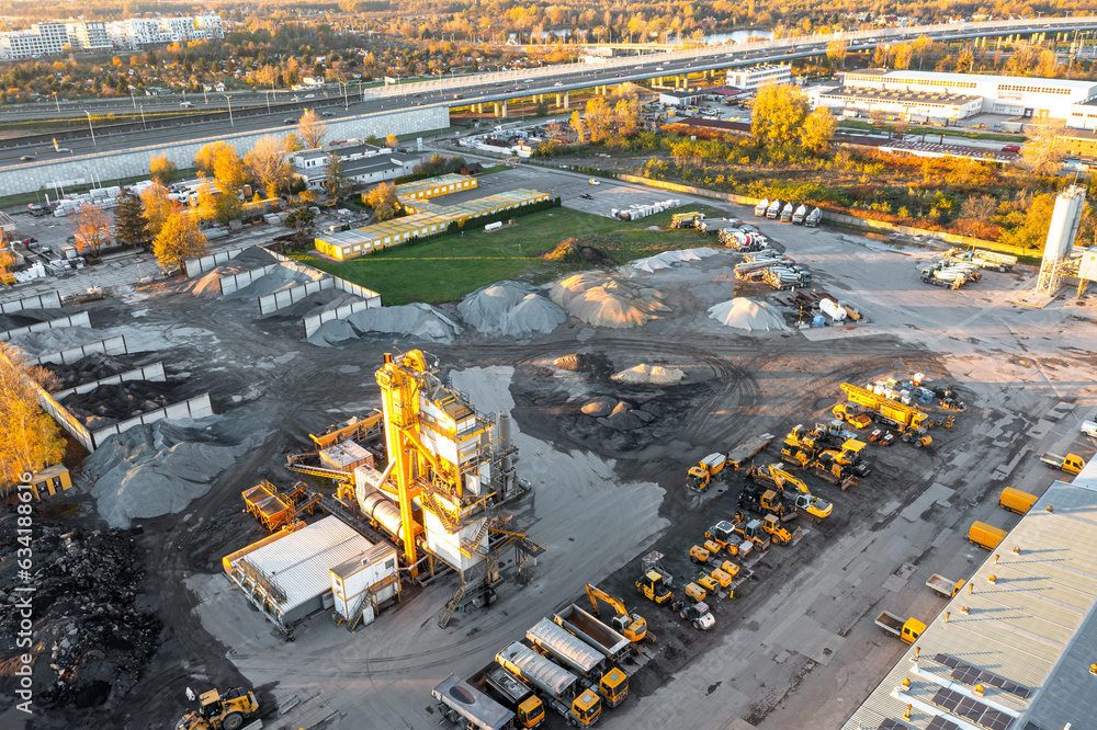 Aerial view of a concrete and asphalt plant. Heavy industry in the ...