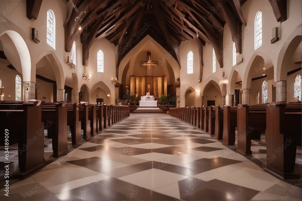 interior of church, Stained glass windows with sun rays pouring in ...