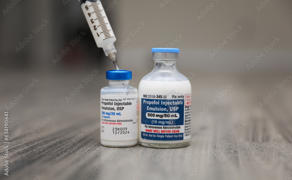 Chicago, IL, USA, Aug 12, 2023, propofol beside a shattered clock ...