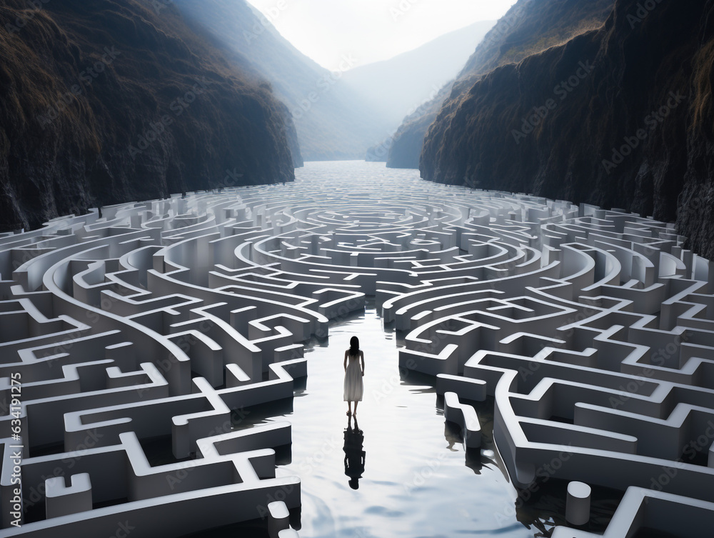 A person walking through a labyrinth or maze, representing the ...