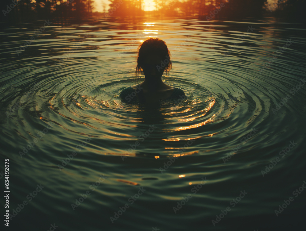 A person in a still body of water, with reflection distorted by ripples ...
