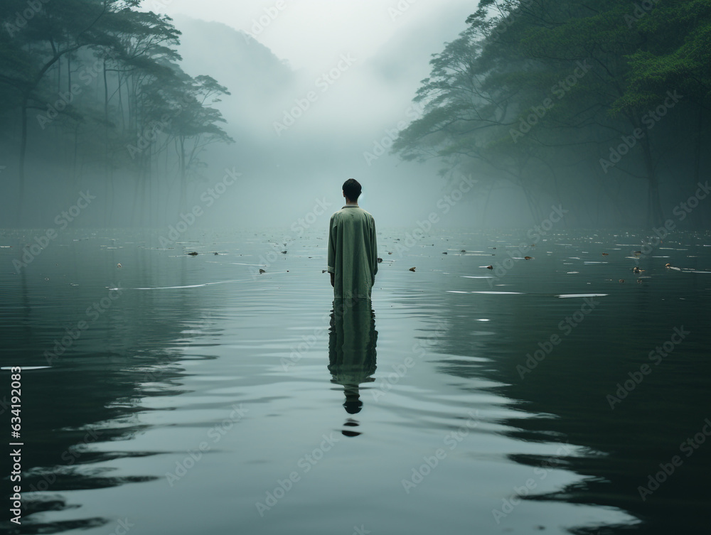 A person in a still body of water, with reflection distorted by ripples ...