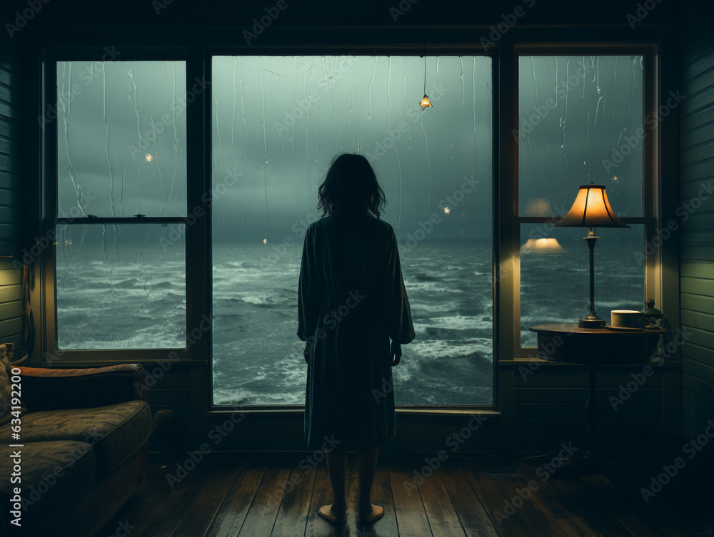 A person standing by a window, looking out at a stormy sky, anxiety ...