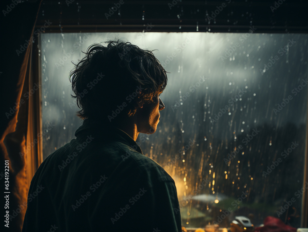A person standing by a window, looking out at a stormy sky, anxiety ...