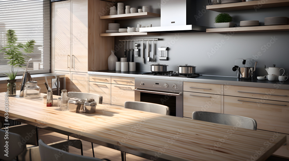 beautiful modern kitchen with cooking items, complete view super bright ...