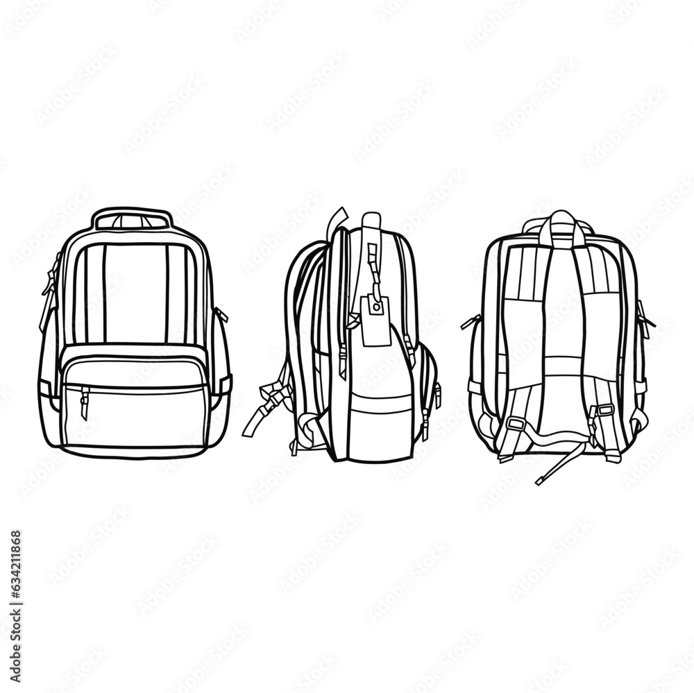 White technical sketch of Backpack bag model 2 vector template ...