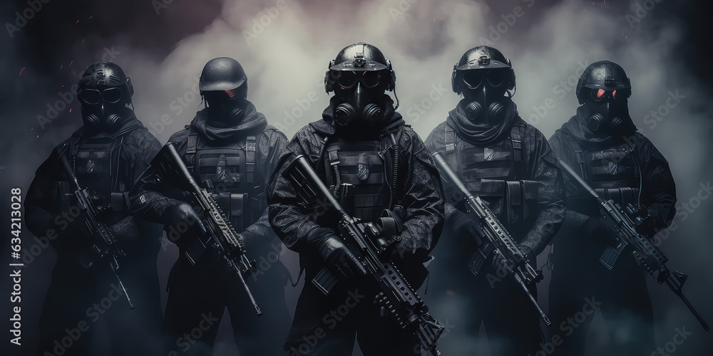 Soldiers in their uniforms standing in shadow, smokey dark background ...