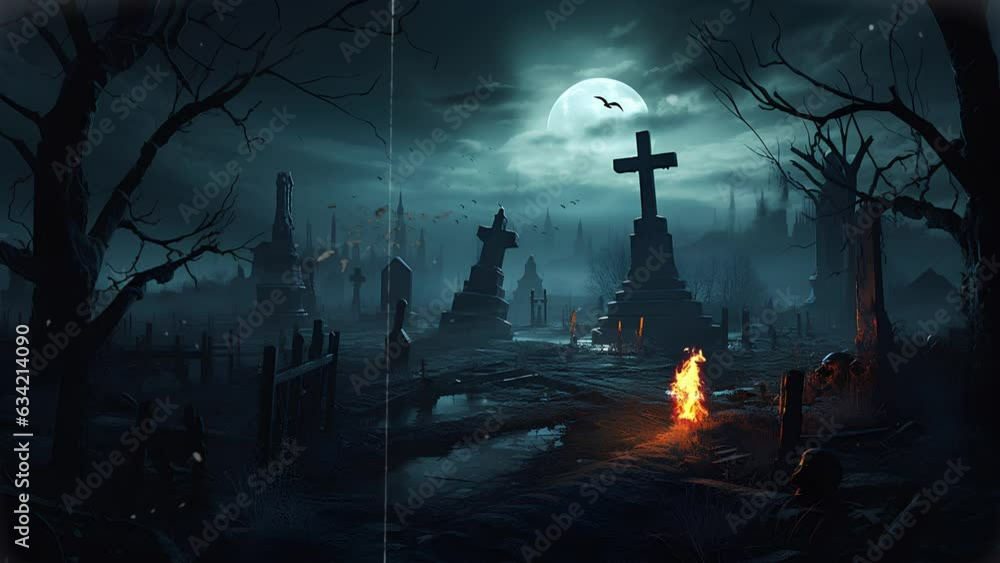 spooky scary night view of cemetery under full moon with bats flying ...