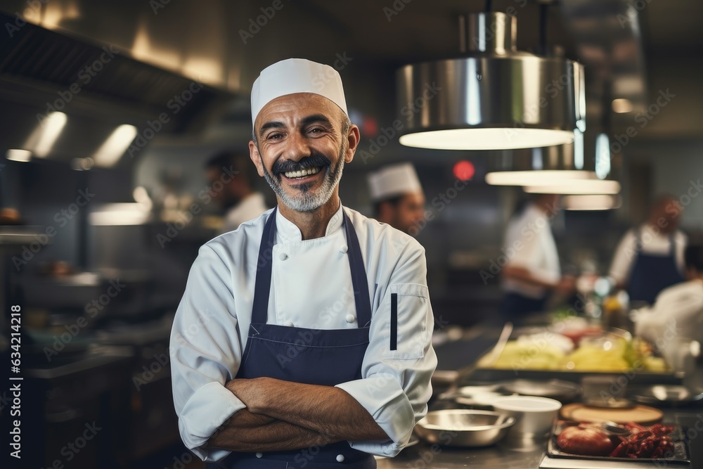 Middle aged spanish latin chef working in a restaurant kitchen smiling ...