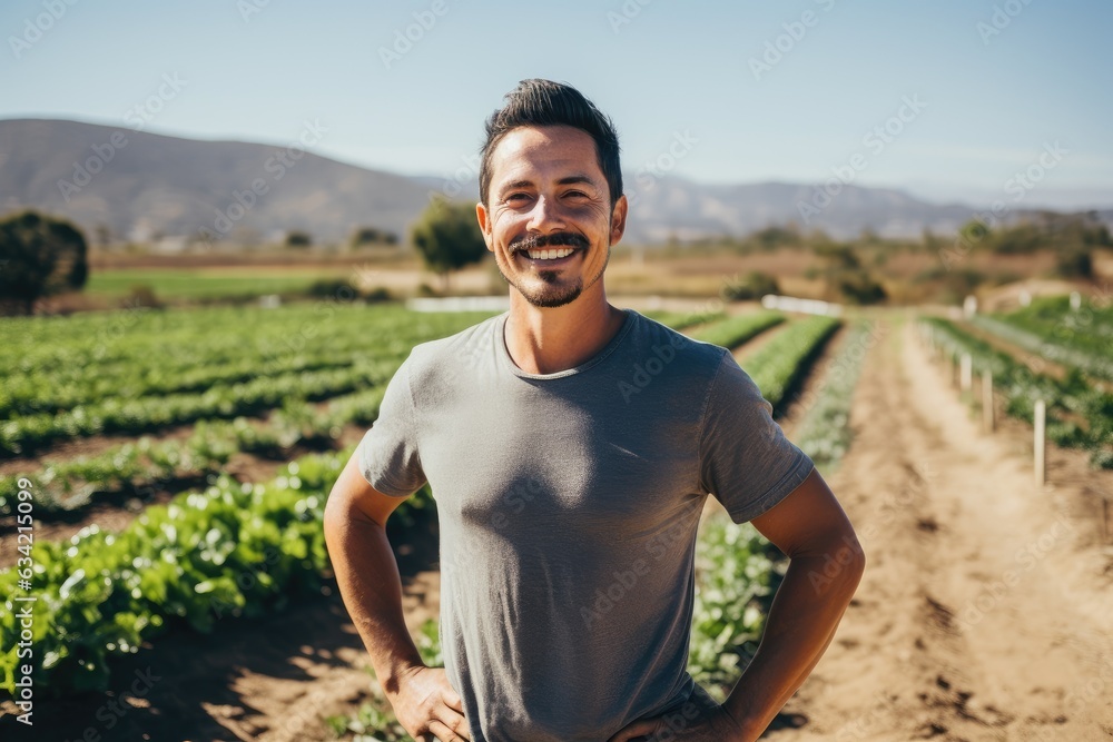 middle aged male mexican farmer smiling and working on a farm field ...