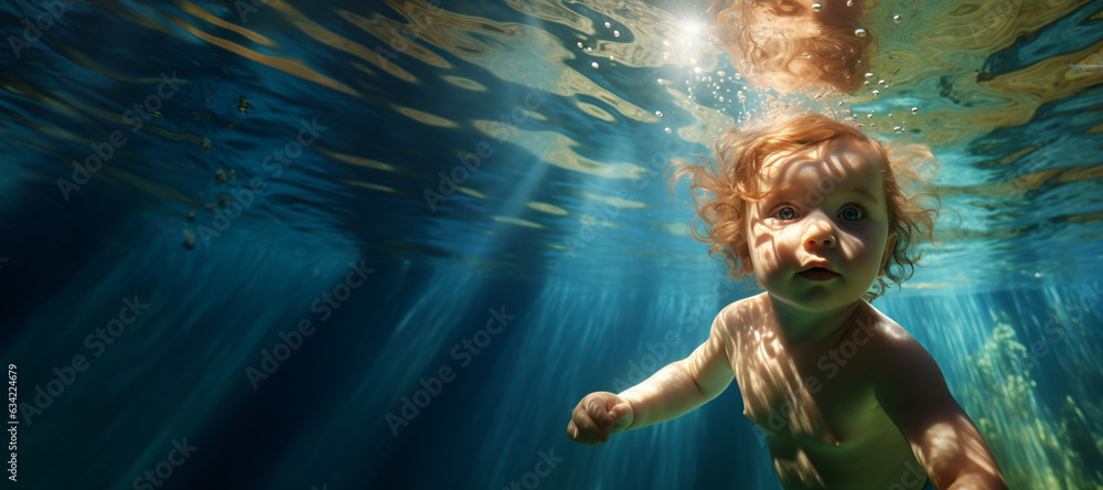 Smiling charming baby in swimming pool, teaching babies how to swim ...