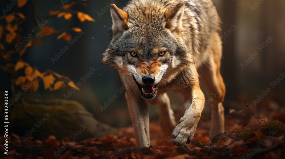 Angry wolf running through a forest with its mouth open. Stock Photo ...