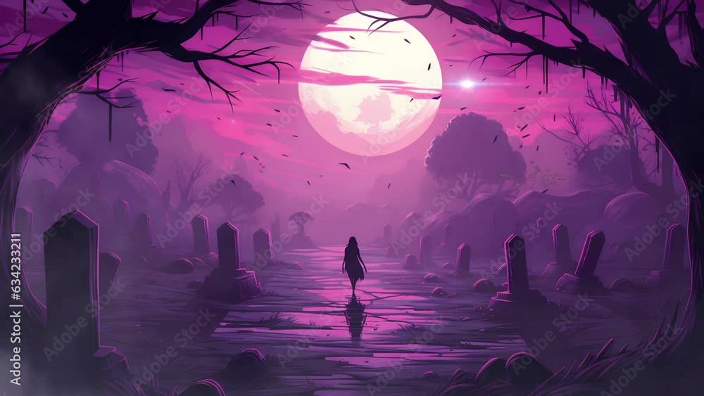 shadow of creepy woman walking in the middle of a scary graveyard ...