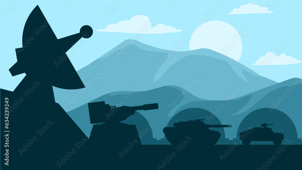 Military landscape vector illustration. Military base with turret and ...