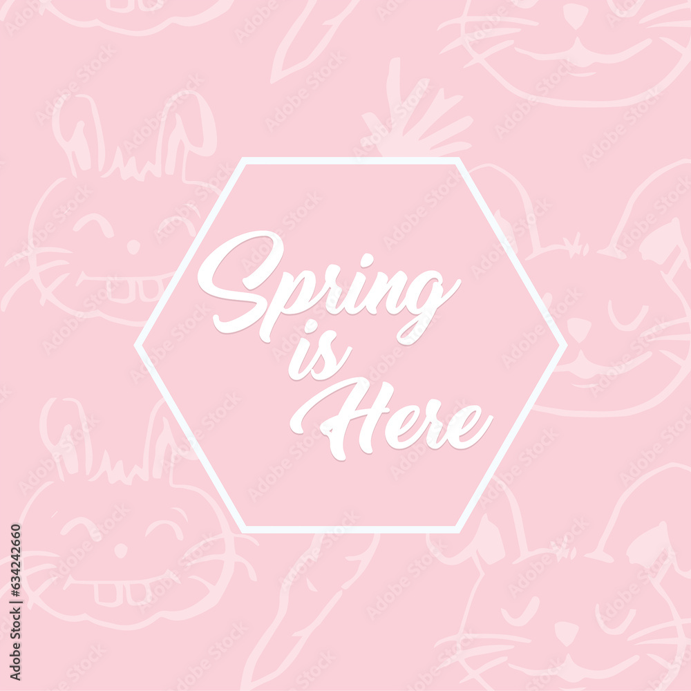 Digital png of spring is here text in white hexagon with pink rabbits ...