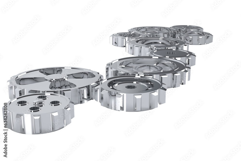 Digital png illustration of interlocking chrome cogs on transparent ...