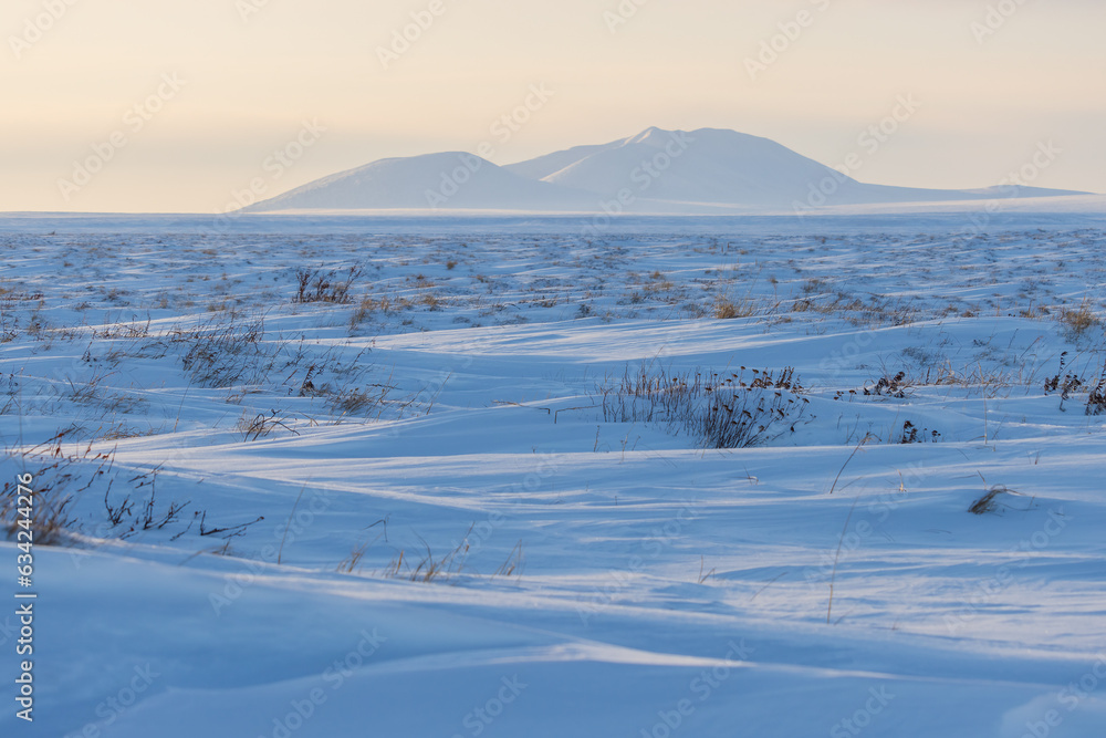 Beautiful view of the snow-covered tundra and snow-capped mountains ...