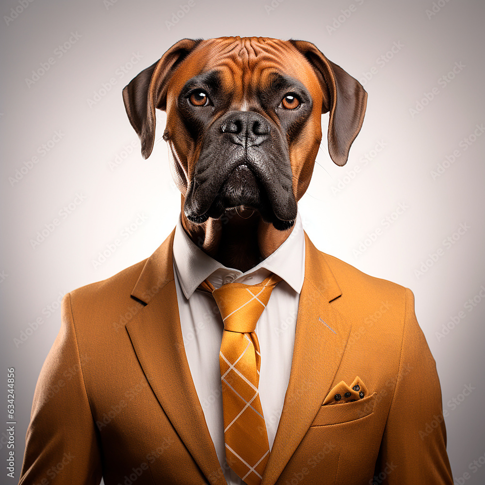 Boxer wearing a suit. Hyperealistic anthropomorphic animal portrait. AI ...